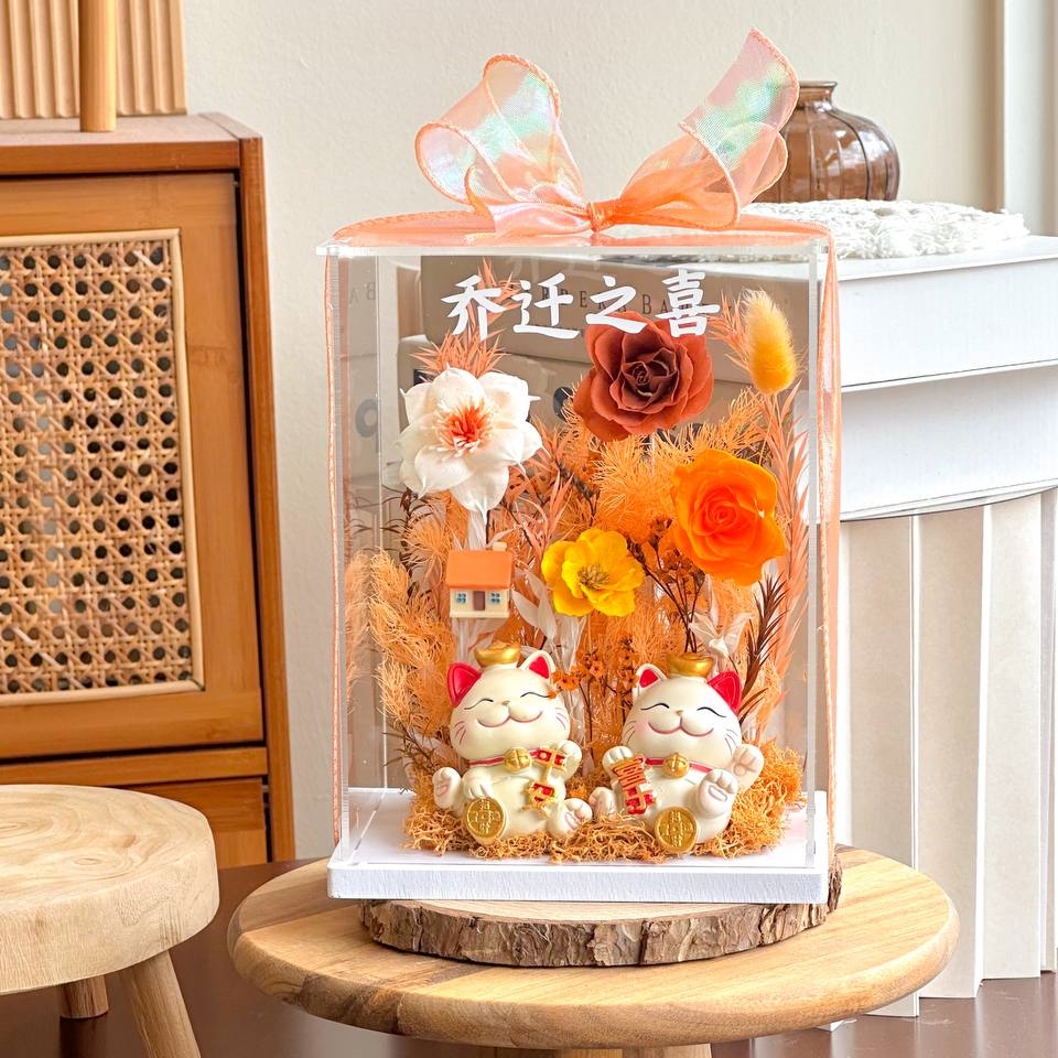 Fortune Cat Preserved Flower Acrylic box l Housewarming Flower Gift l ...